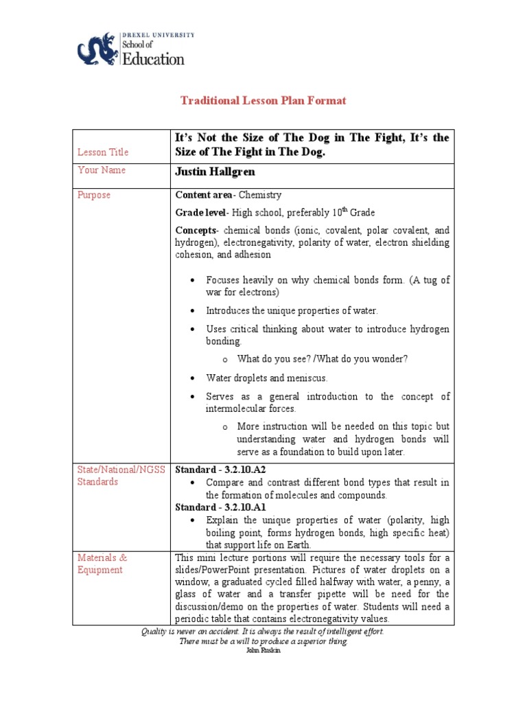 Hallgren Lesson Plan Chemical Bonding and Water | PDF | Chemical Bond ...