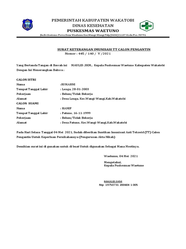 Surat Keterangan TT Catin 2021 | PDF