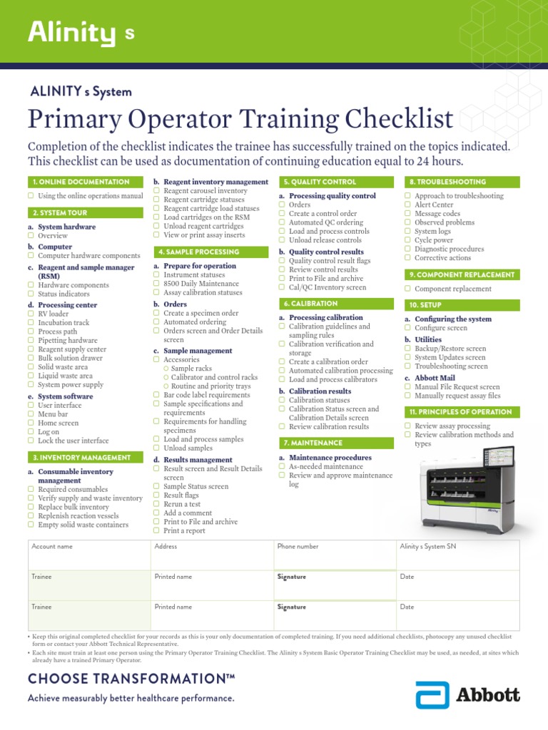 Primary Operator Training Checklist: ALINITY S System | PDF | Assay | Calibration