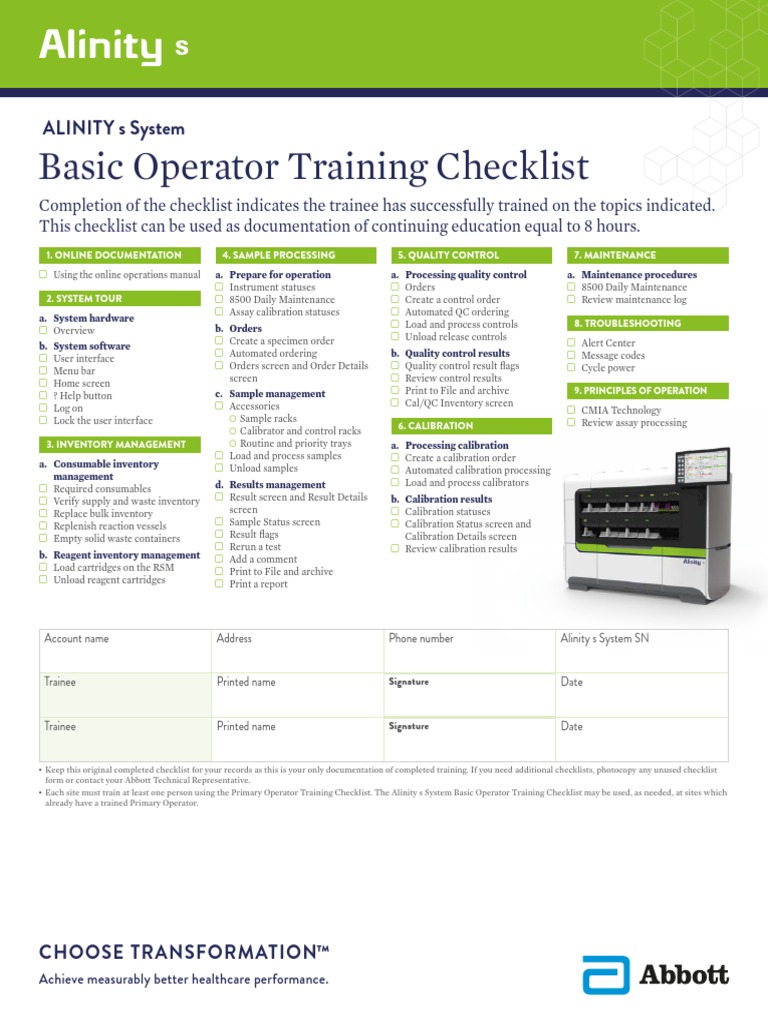 Basic Operator Training Checklist: ALINITY S System | PDF | Calibration ...