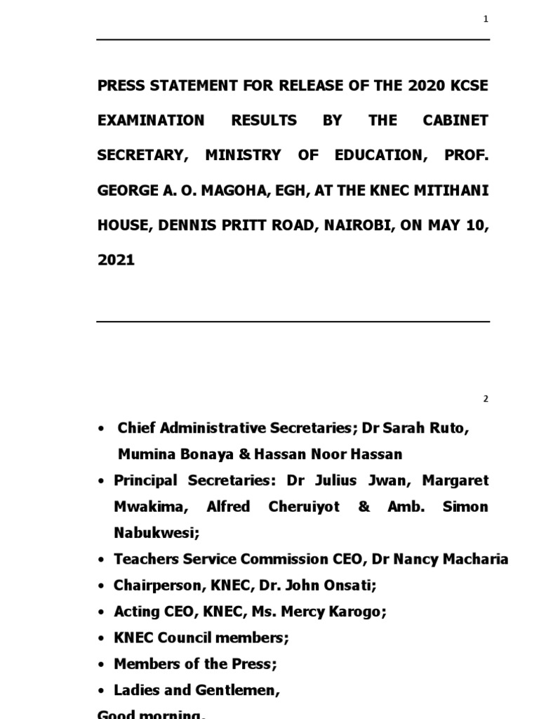 CS Magoha 2020 KCSE Results Speech | Download Free PDF | Vocational ...
