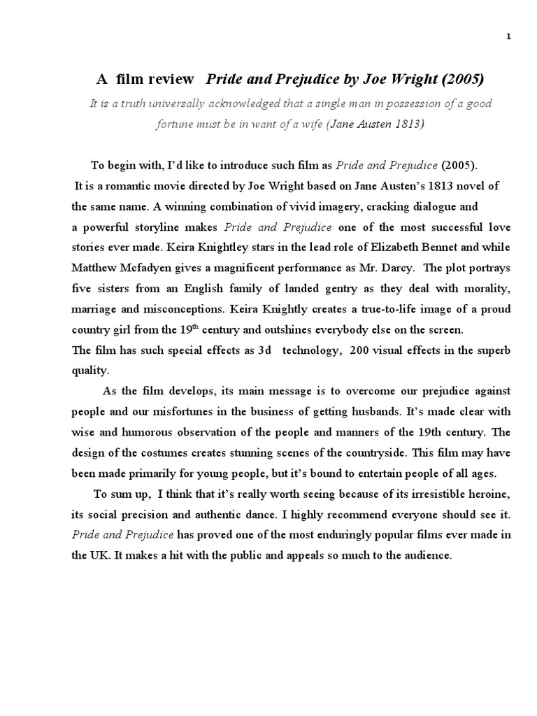 A Film Review Pride and Prejudice by Joe Wright (2005) | PDF