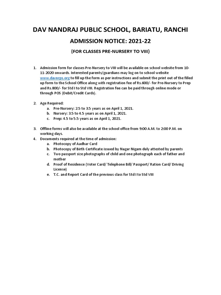 Dav Nandraj Public School, Bariatu, Ranchi: Admission Notice: 2021-22 | PDF