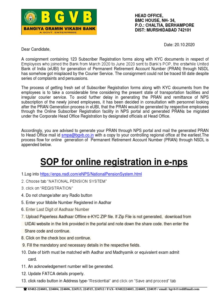 Creation of PRAN Through E-Nps | PDF | Cheque | Payments