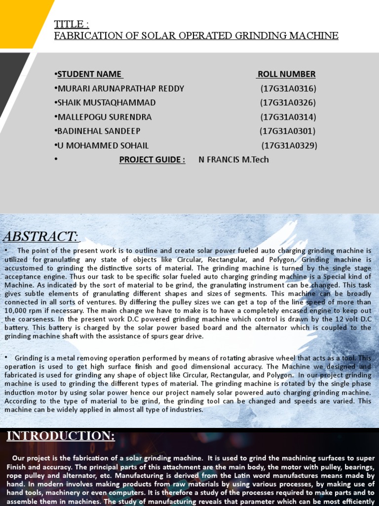 Fabrication of Solar Operated Grinding Machine | PDF | Grinding ...