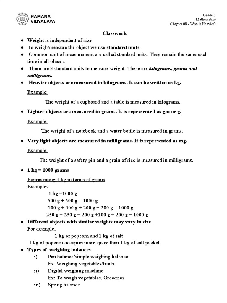 Gr3 Math Ch08 WhoIsHeavier CW | PDF | Weight | Weighing Scale