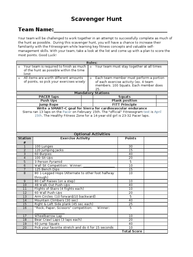 Scavenger Hunt | Calorie | Physical Fitness