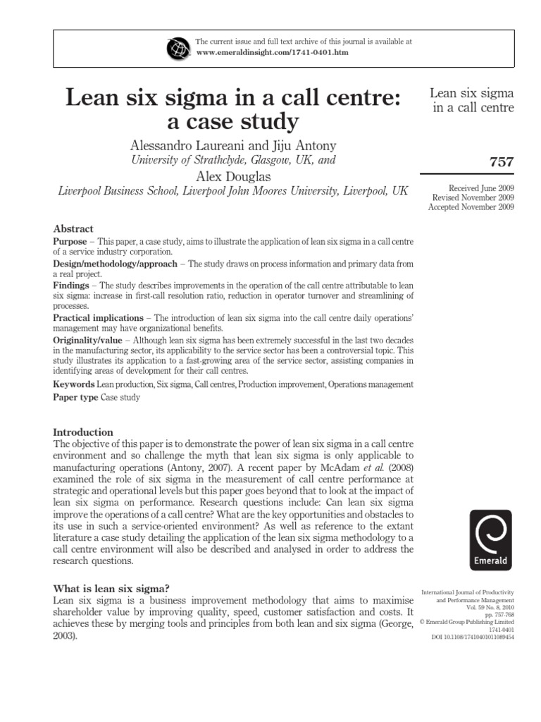 Lean Six Sigma in A Call Centre - A Case Study | PDF | Six Sigma | Call ...