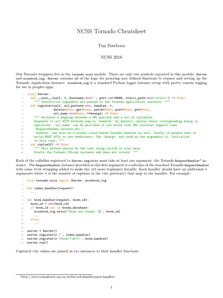 NCSS Tornado Cheatsheet: Tim Dawborn | PDF | Hypertext Transfer Protocol | Http Cookie