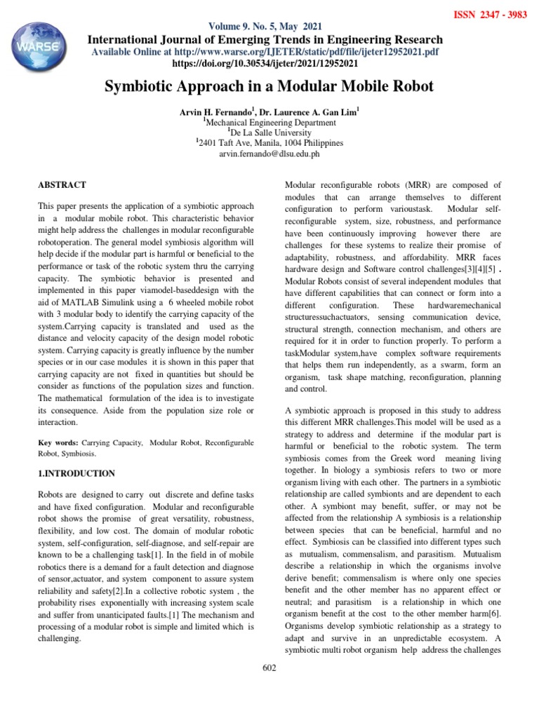 Symbiotic Approach in A Modular Mobile Robot | PDF | Symbiosis | Force