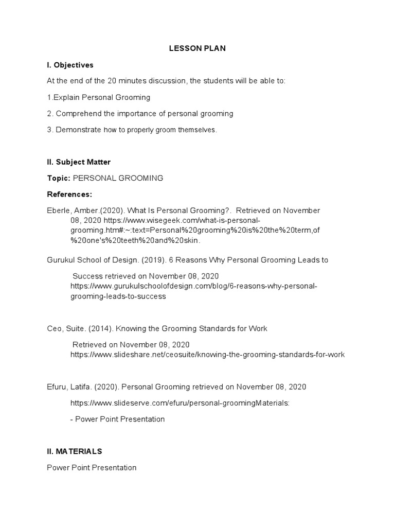 Personal Grooming Lesson Plan | PDF