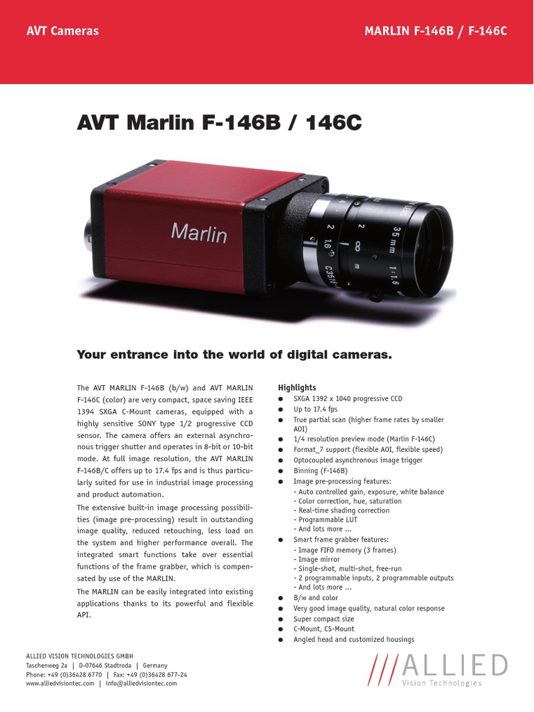 AVT Cameras MARLIN F-146B / F-146C | PDF | Charge Coupled Device | Camera