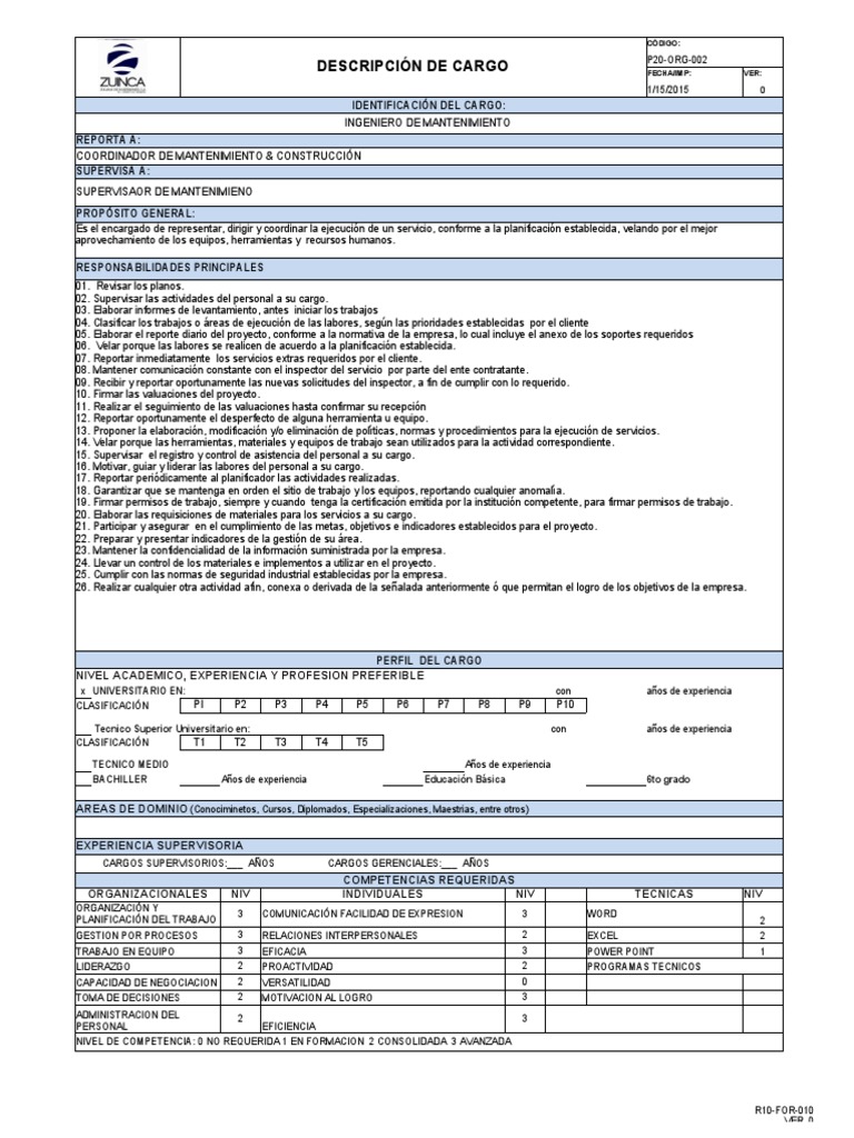P20-Org-002 Descripcion de Cargo Ingeniero de Mantenimiento | PDF | Planificación | Business