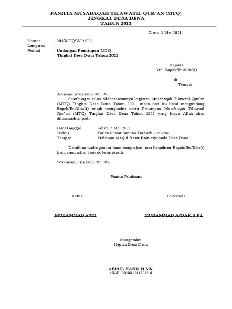 Undangan Penutupan MTQ Desa Dena 2021 | PDF