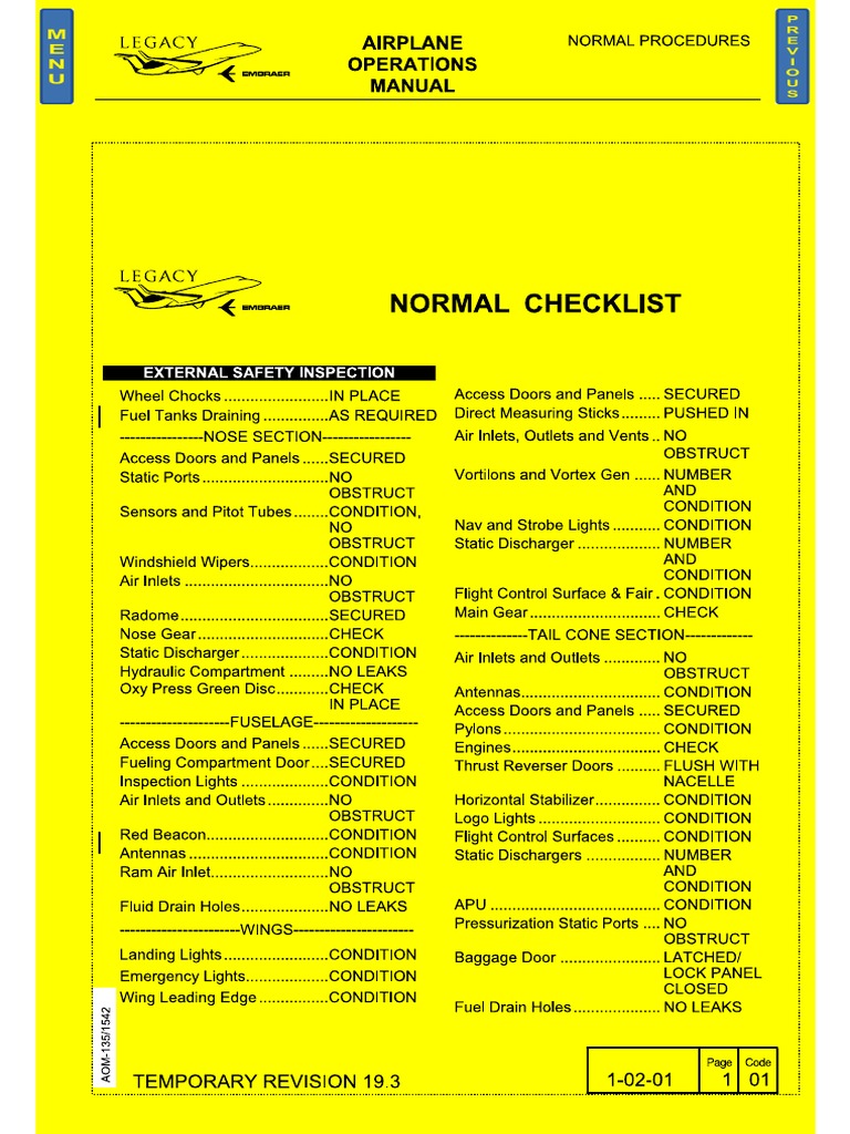 Embraer E135Bj Legacy 600 Normal Checklist | PDF