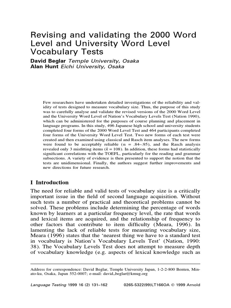 Revising and Validating The 2000 Word Level and The University Word ...