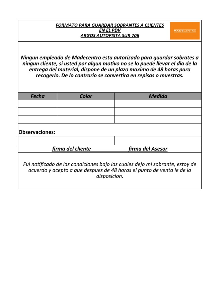 Formato para Guardar Sobrantes en El PDV | PDF