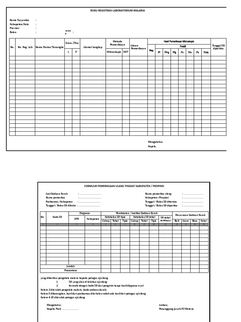 Form Register Lab Dan Crosscheck Malaria PKM 2018 | PDF