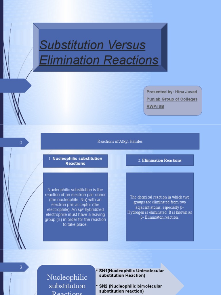 Substitution Versus Elimination Reactions: Presented By: Hina Javed ...