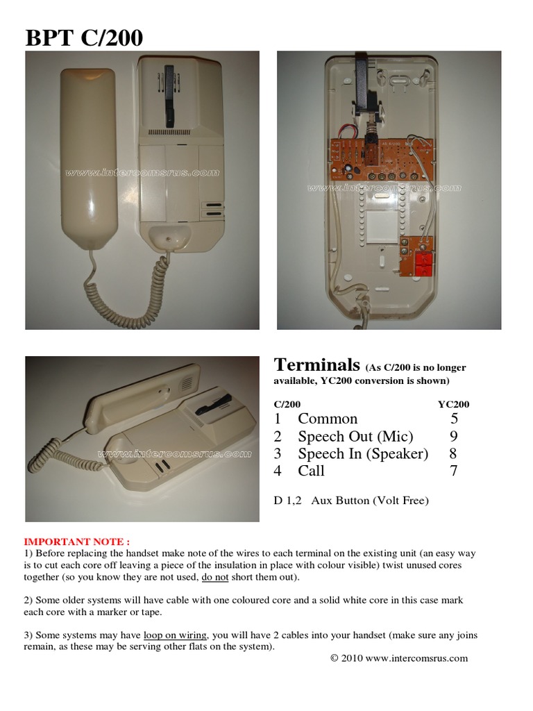 BPT C-200 Intercom Handset Data Sheet | PDF