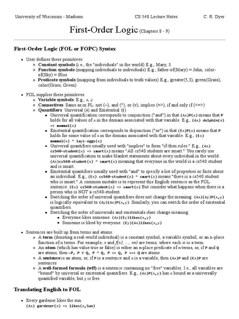 CS 540 Lecture Notes - First-Order Logic | PDF | First Order Logic ...
