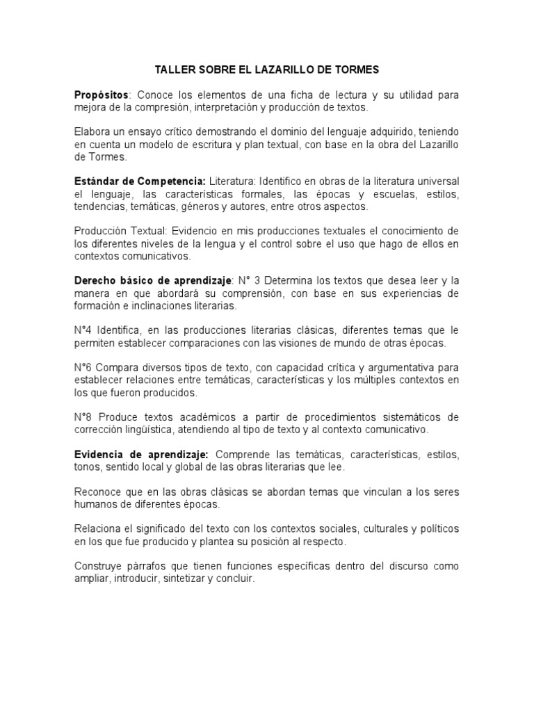 Taller sobre El Lazarillo de Tormes | PDF | Ensayos | Poesía