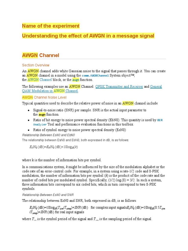Name of The Experiment Understanding The Effect of AWGN in A Message Signal | PDF | Signal To ...