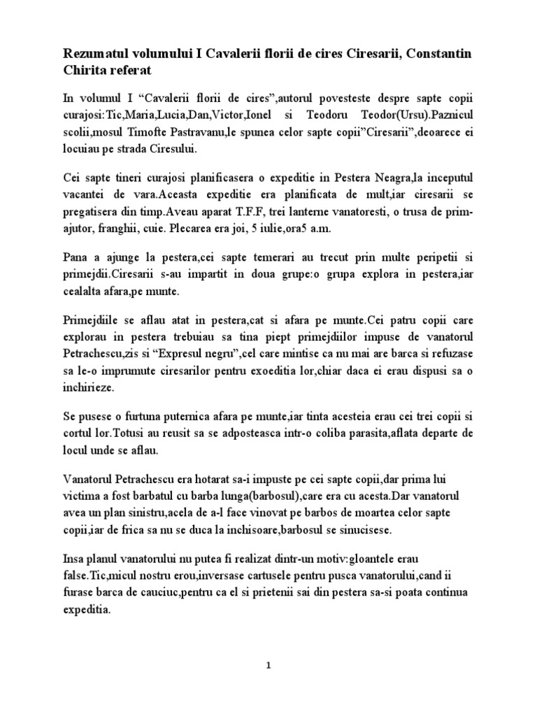 Rezumatul Volumului I Cavalerii Florii de Cires Ciresarii | PDF