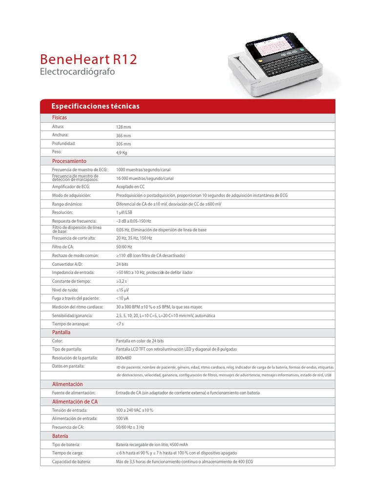 Especificaciones BeneHeart R12 | PDF | Electrocardiografia | Frecuencia