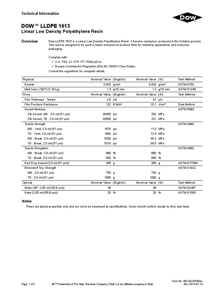 DOW™ LLDPE 1613: Linear Low Density Polyethylene Resin | PDF | Heart ...