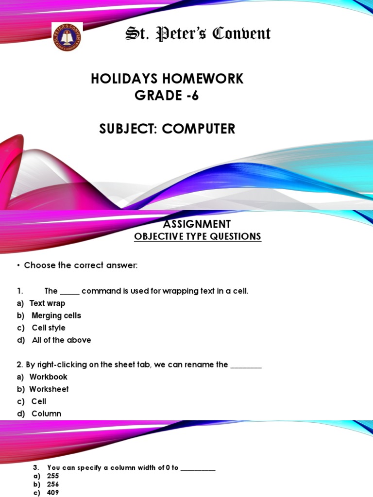 St. Peter's Convent: Holidays Homework Grade - 6 Subject: Computer | PDF