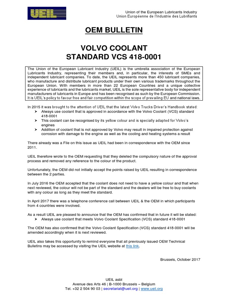 Volvo Coolant VCS 418-0001 Update | PDF | Coolant | European Union
