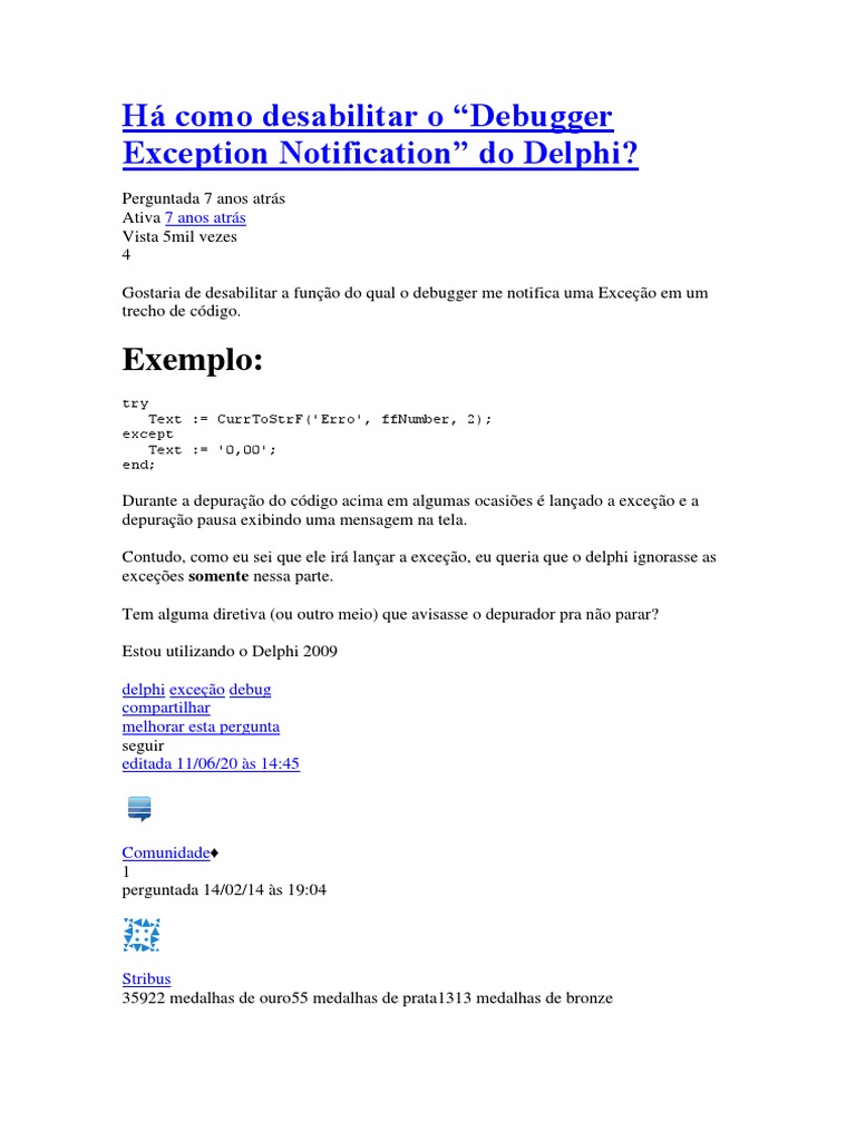 Desabilitar O Debugger Exception Notification Do Delphi Pdf