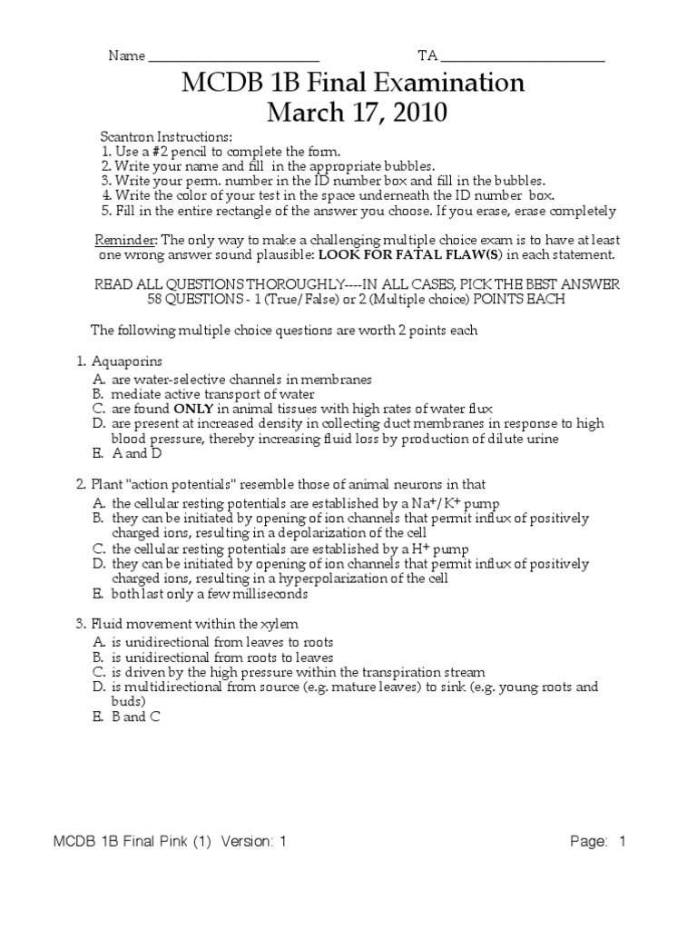 MCDB 1B 2010 Final | PDF | Auxin | Cell Biology
