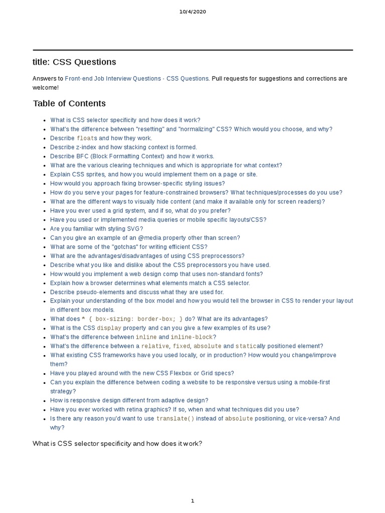 Title: CSS Questions: Answers To - Pull Requests For Suggestions and Corrections Are Welcome ...