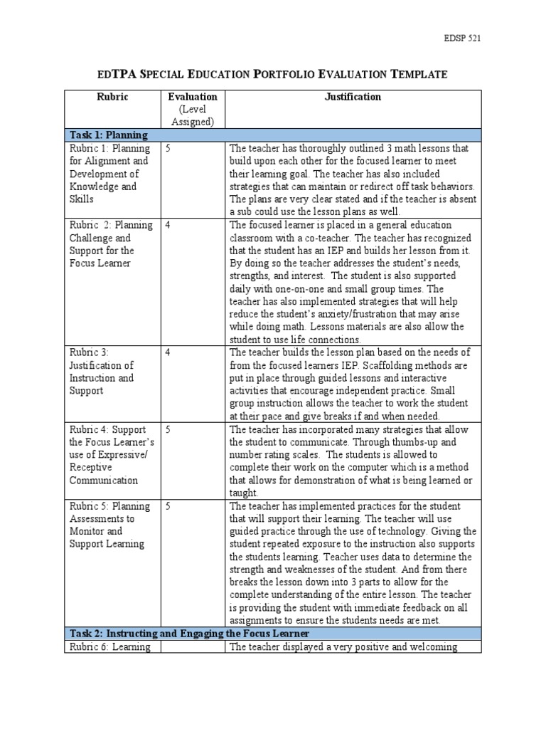 EDTPA Special Education Portfolio Guide | PDF | Rubric (Academic ...