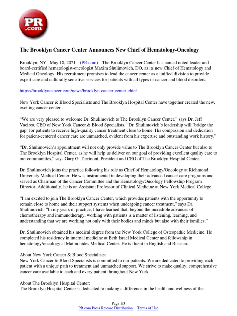 The Brooklyn Cancer Center Announces New Chief of Hematology-Oncology ...
