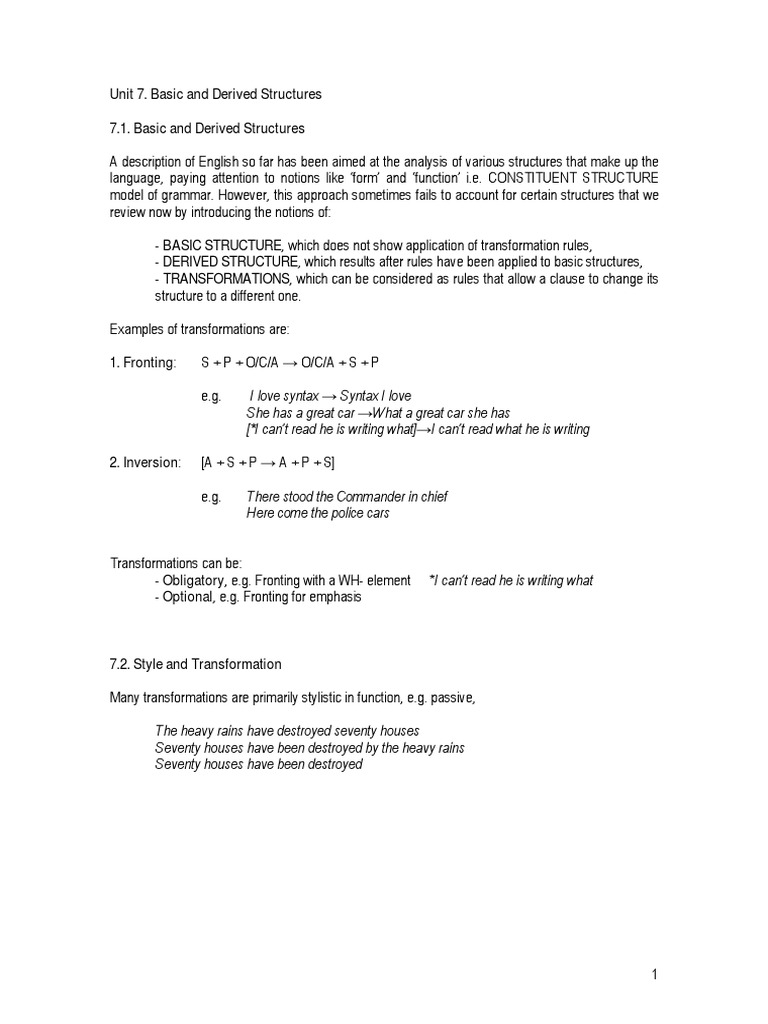 Unit 7 Basic and Derived Structures Handout | PDF | Clause | Subject (Grammar)
