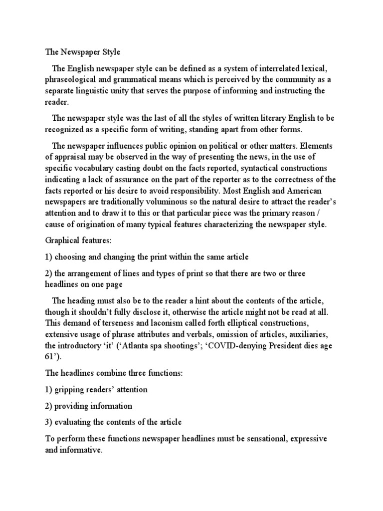 The Newspaper Style | PDF | Newspapers | English Language
