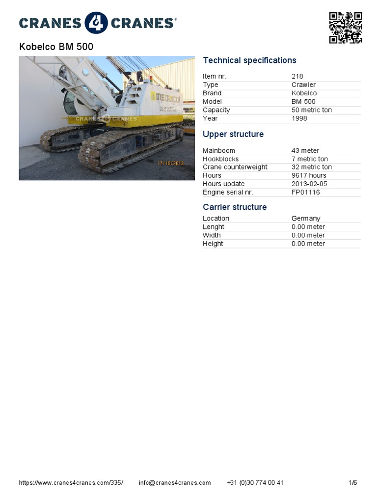 Kobelco BM 500: Technical Specifications | PDF