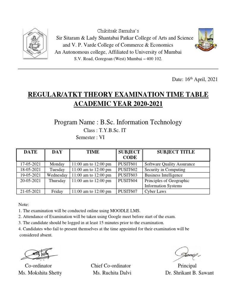 B.Sc. IT Semester VI Exam Timetable 2021 | PDF