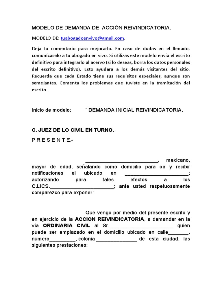 Modelo de Demanda de Acción Reivindicatoria | PDF | Propiedad | Demanda ... Modelo de Demanda de Acción Reivindicatoria | PDF | Propiedad | Demanda ...