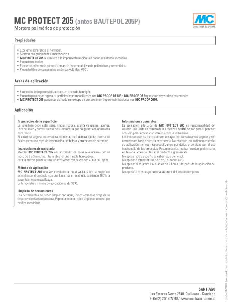 MC Protect 205 | PDF | Hormigón | Agua