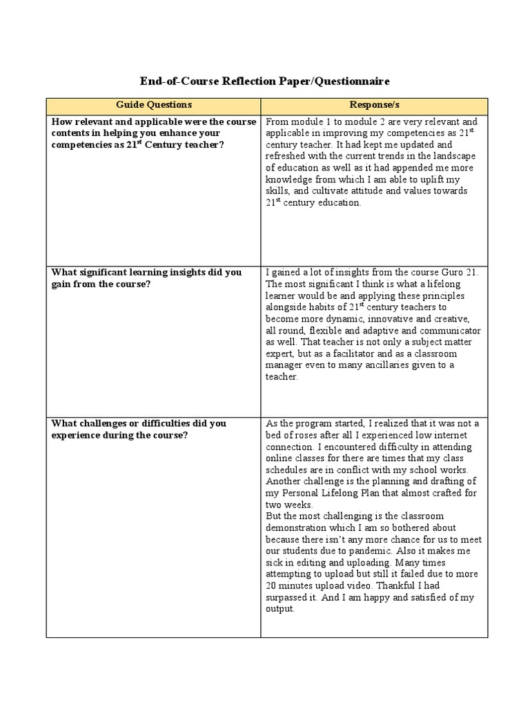 End-of-Course Reflection Paper/Questionnaire | PDF | Educational ...