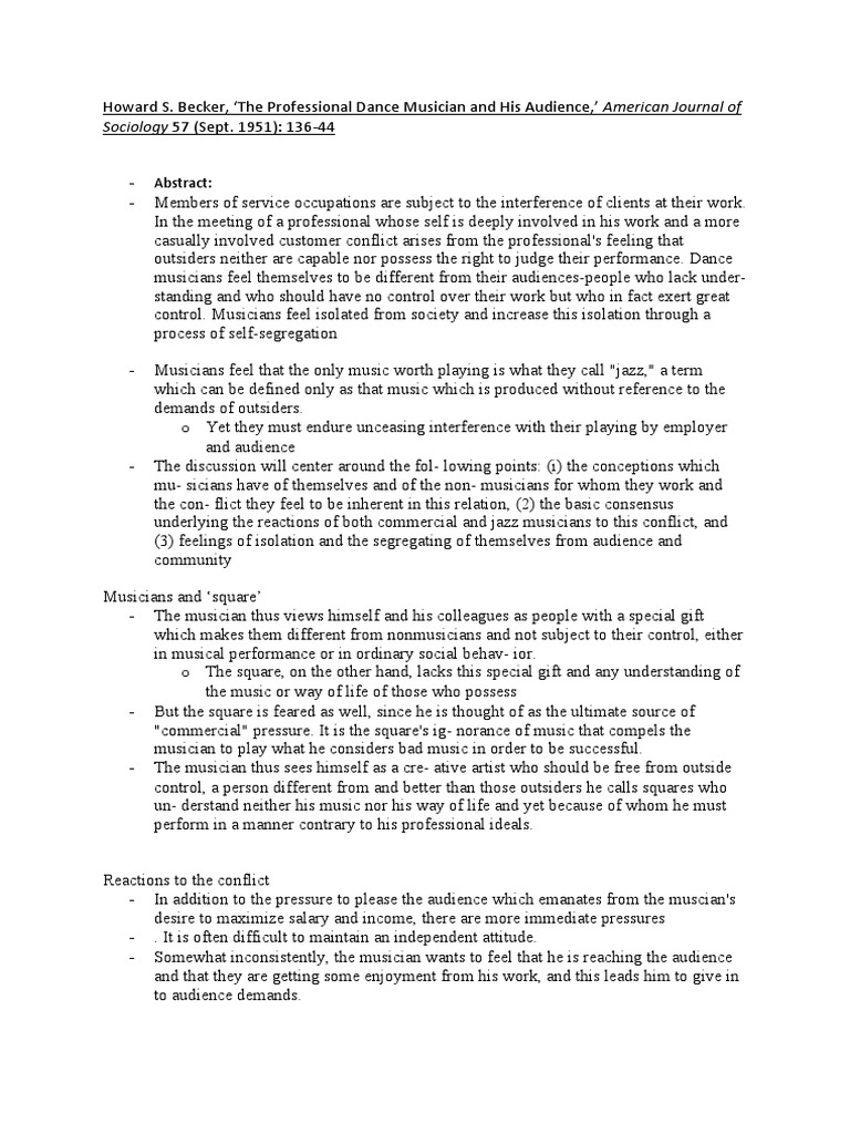 PR Howard S. Becker, The Professional Dance Musician | PDF | Human ...