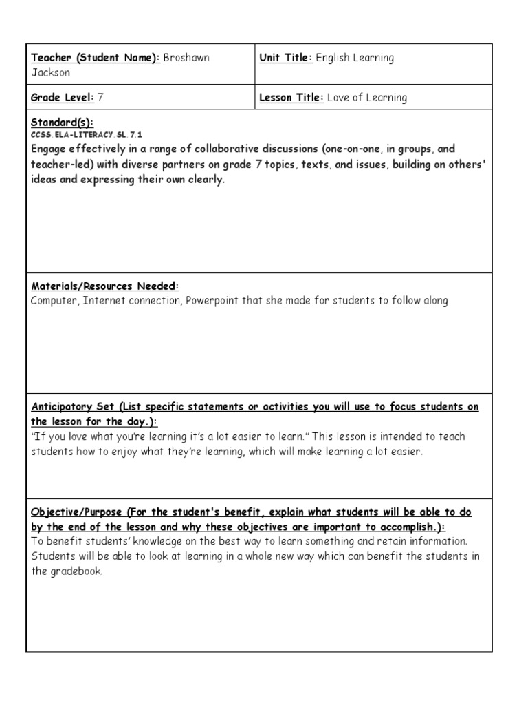 Broshawn Jackson - Madeline Hunter Lesson Plan Template | PDF