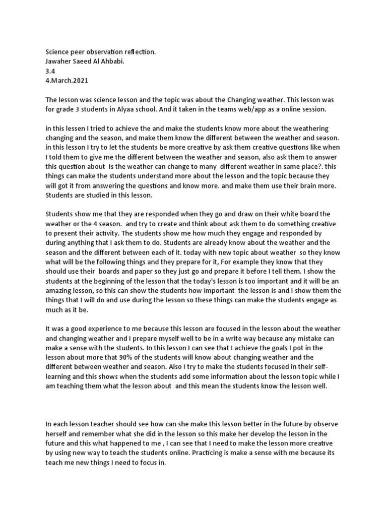 Peer Observation Reflection | PDF | Teachers | Behavior Modification