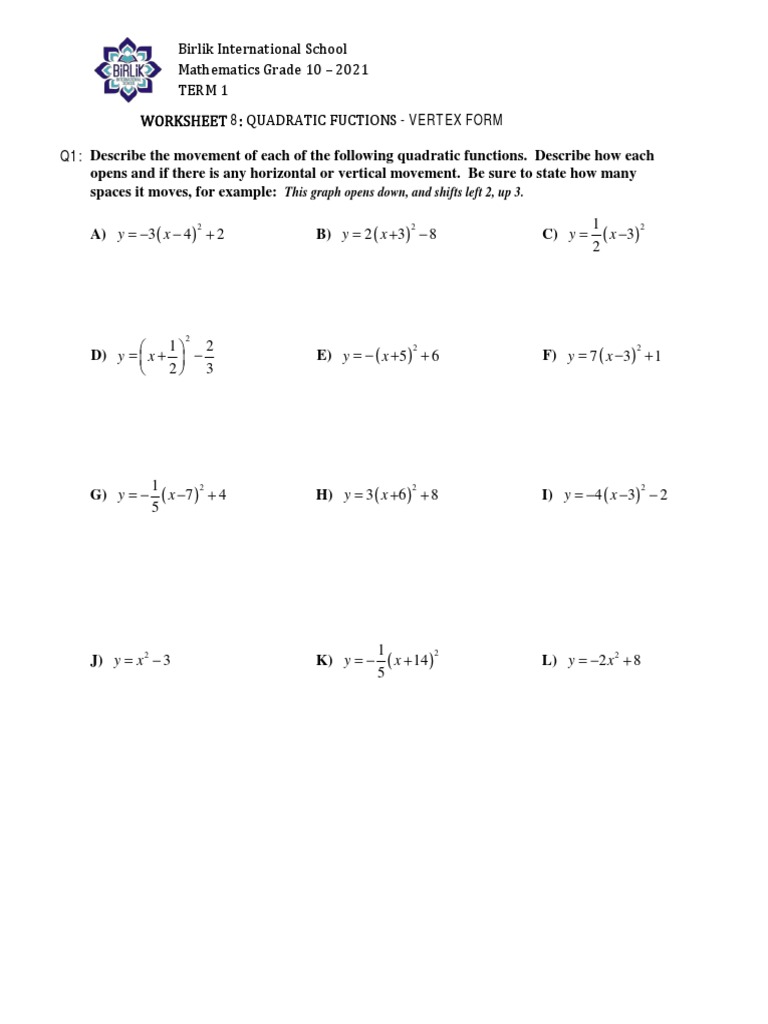 Mathematics Grade 10 – 2021 TERM 1 WORKSHEET 8: QUADRATIC FUCTIONS ...