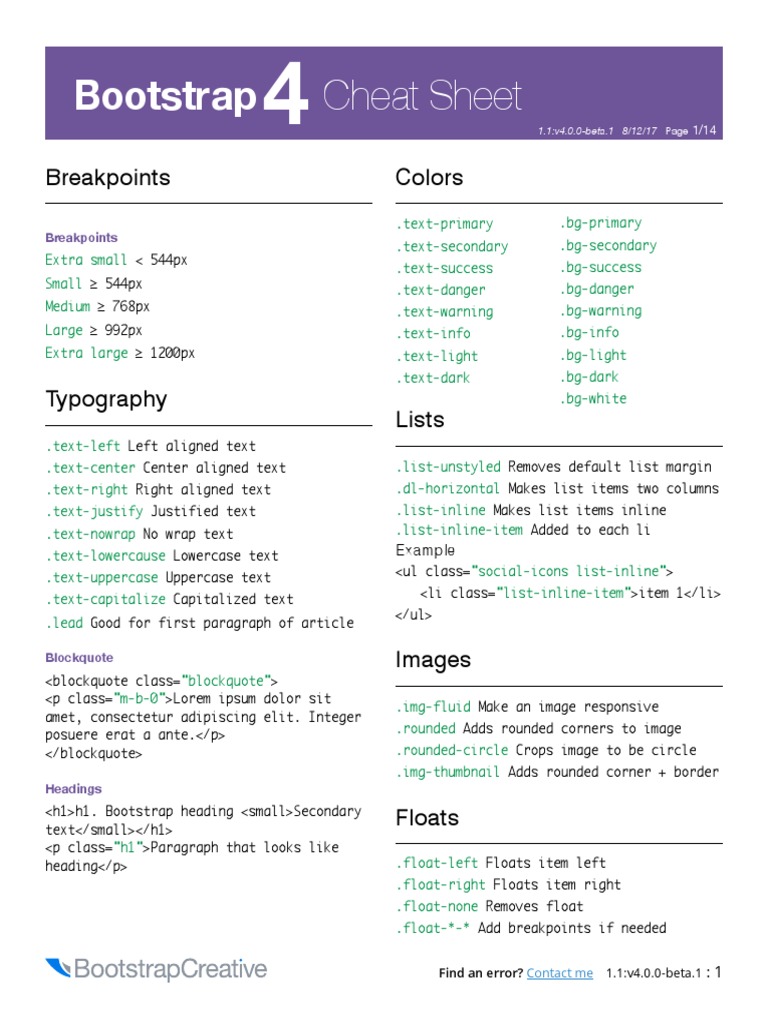 Bootstrap Cheat Sheet: Breakpoints Colors | PDF | Bootstrap (Front End ...