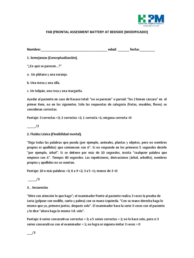 FAB Test Evaluacion Frontal | PDF | Cognición | Prueba / examen